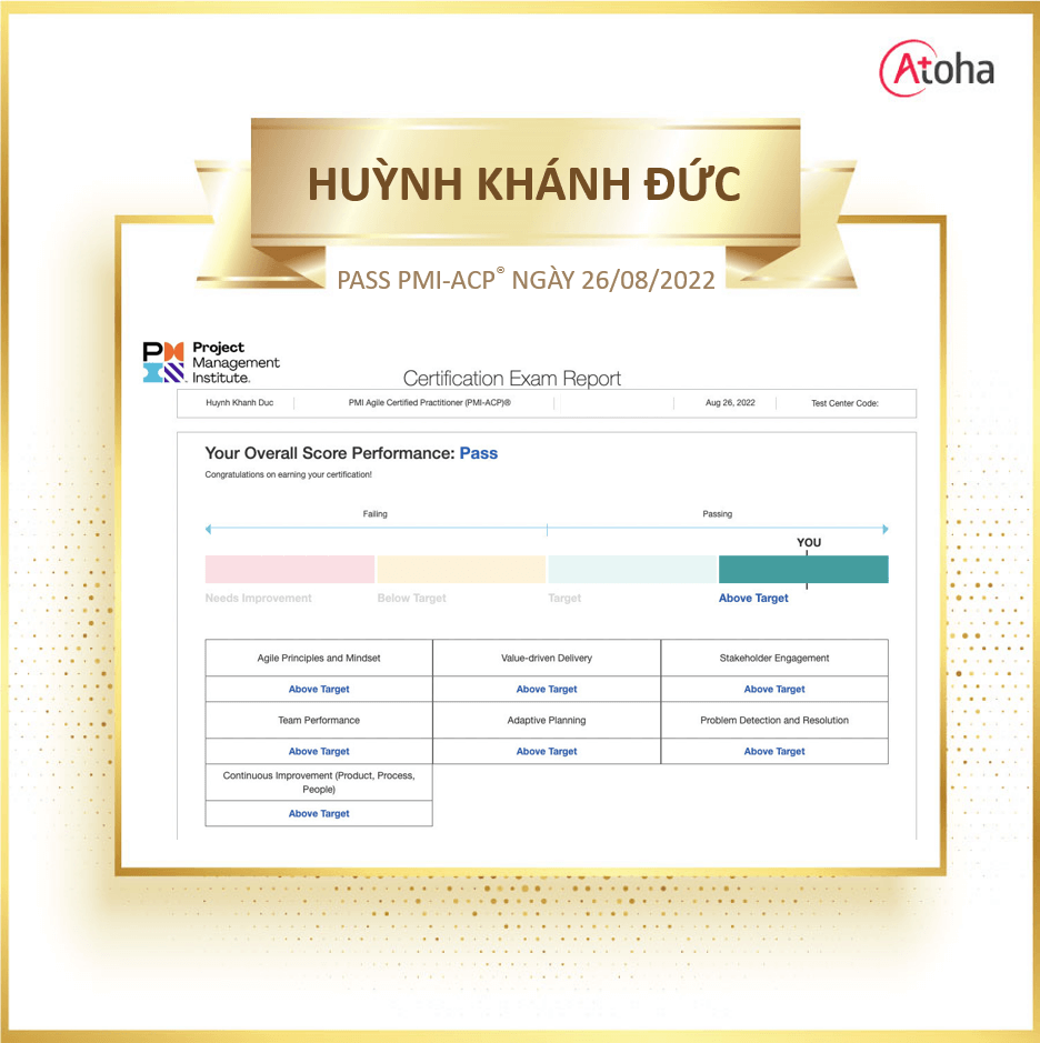 Huỳnh Khánh Đức, PMI-ACPONLINEPRO11, pass PMI-ACP max score ngày 26/08 – Atoha