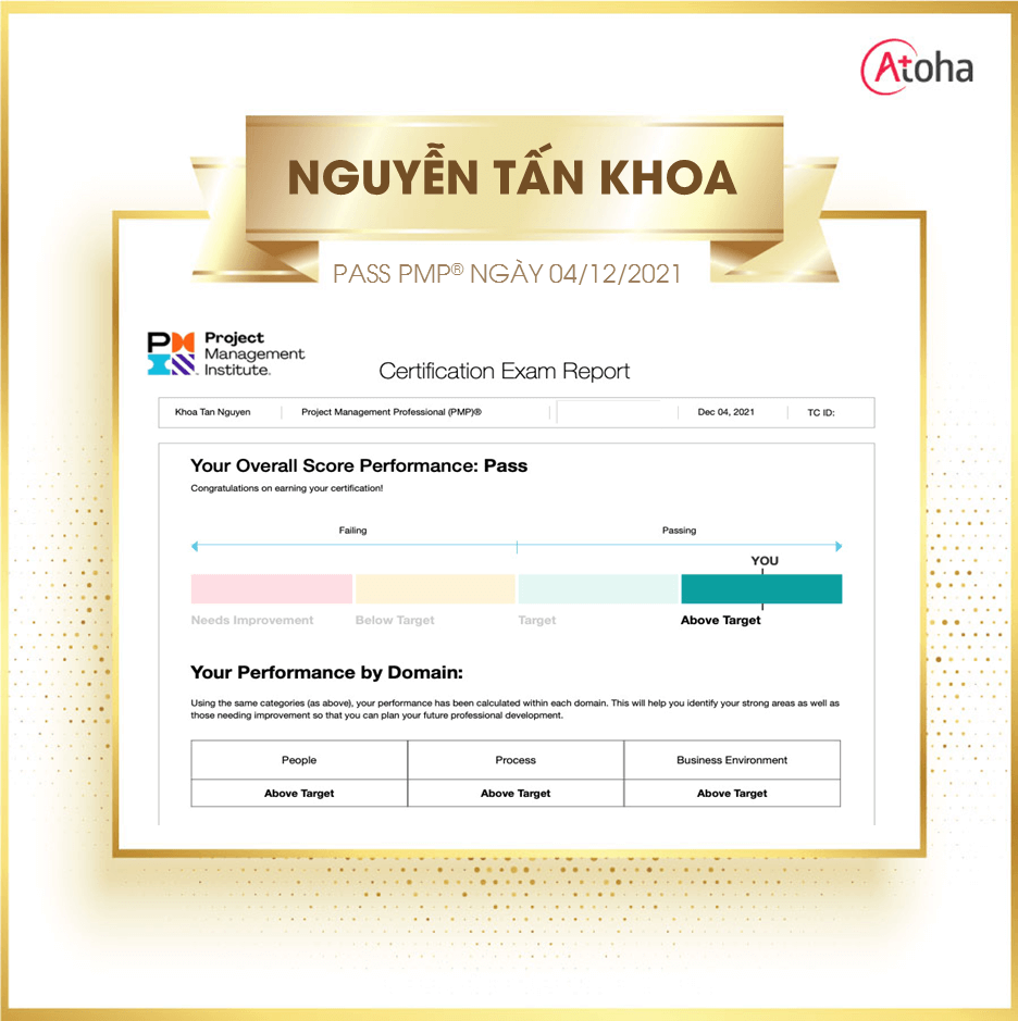 NGUYỄN TẤN KHOA, PMPONLINEPRO8, PASS PMP MAX SCORE NGÀY 04/12/2021 – Atoha
