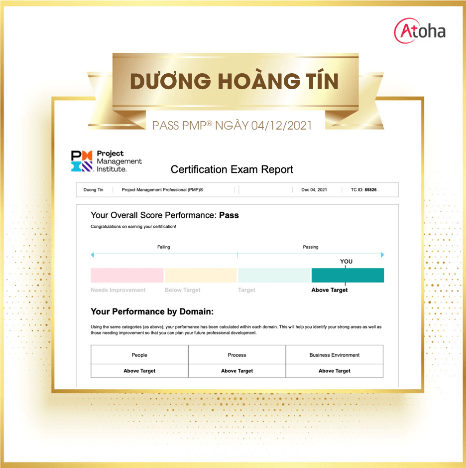 DƯƠNG HOÀNG TÍN, PMPPRO11, PASS PMP MAX SCORE NGÀY 04/12/2021 – Atoha