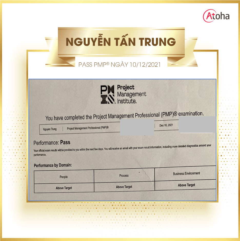 NGUYỄN TẤN TRUNG, PMPONLINEPRO9, PASS PMP MAX SCORE NGÀY 10/12/2021 – Atoha