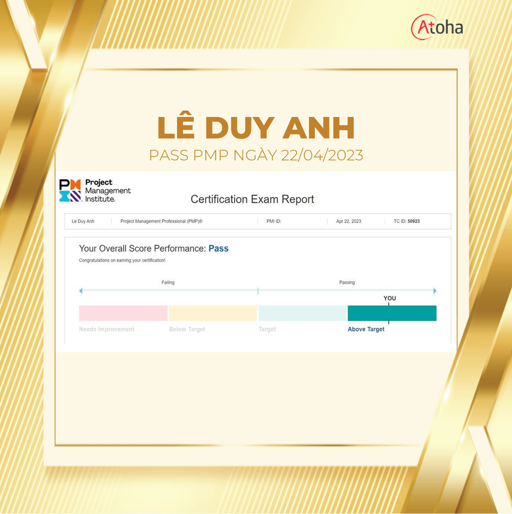 Lê Duy Anh, PMPPRO25, pass PMP Above Target ngày 22/04/2023 – Atoha