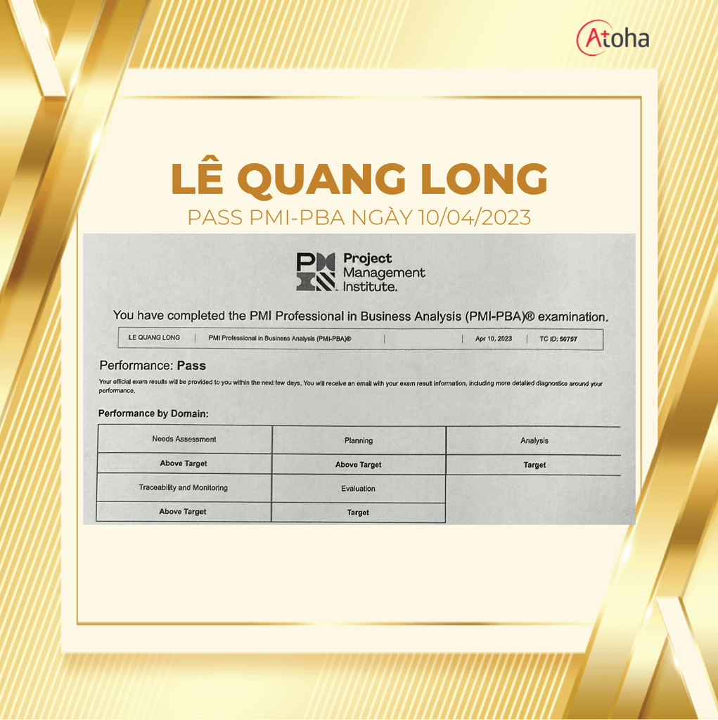 Lê Quang Long, PMI-PBAONLINEPRO5, pass PMI-PBA ngày 10/04/2023 – Atoha