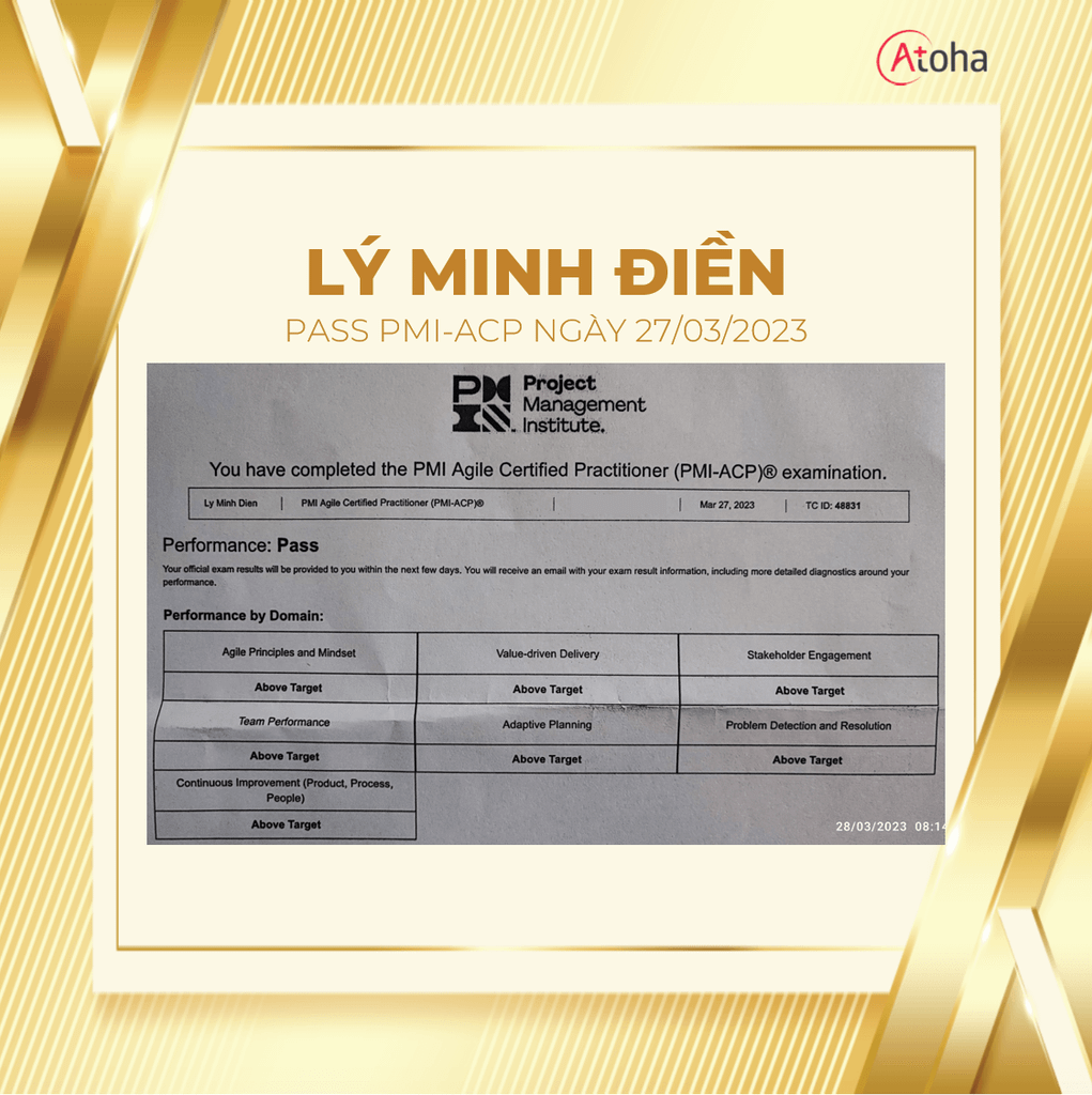 Lý Minh Điền, PMI-ACPONLINEPRO16, pass PMI-ACP max score ngày 27/03 – Atoha