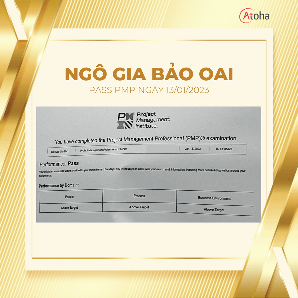 Ngô Gia Bảo Oai, PMPPRO24, pass PMP max score ngày 13/01/2023 – Atoha