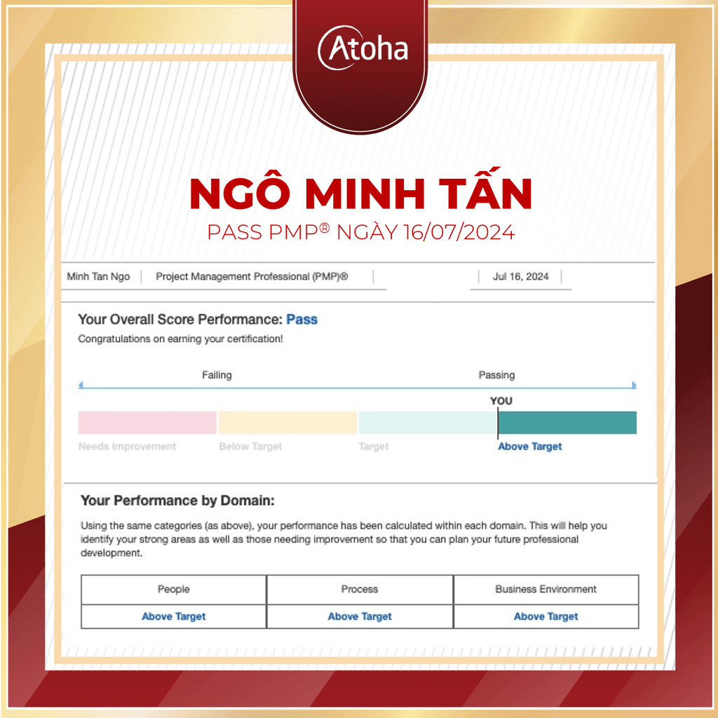 Ngô Minh Tấn, PMPONLINEPRO38, pass PMP max score ngày 16/07/2024 – Atoha