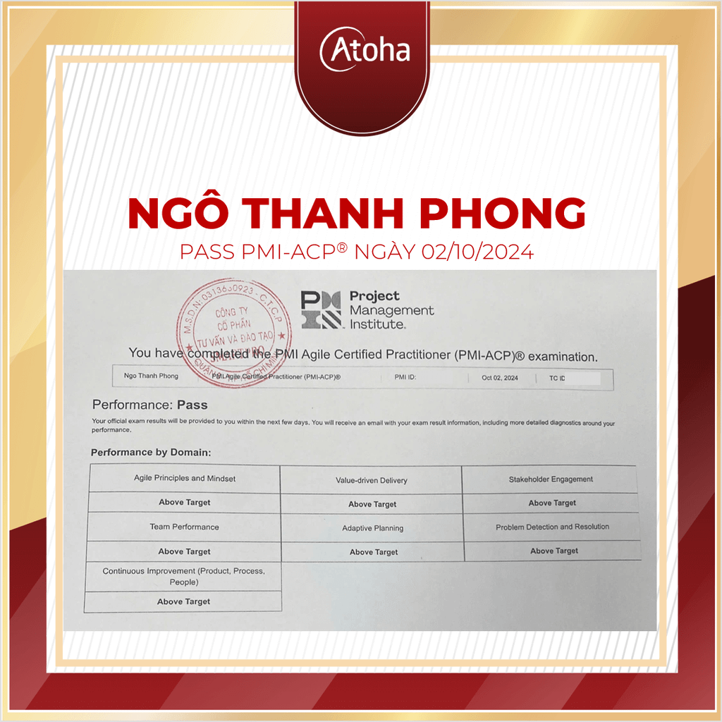 Ngô Thanh Phong, PMI-ACPONLINEPRO31, pass PMI-ACP max score ngày 02/10 – Atoha