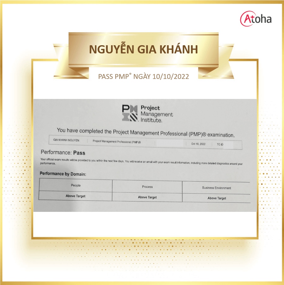 Nguyễn Gia Khánh, PMPONLINEPRO8, pass PMP max score ngày 10/10/2022 – Atoha