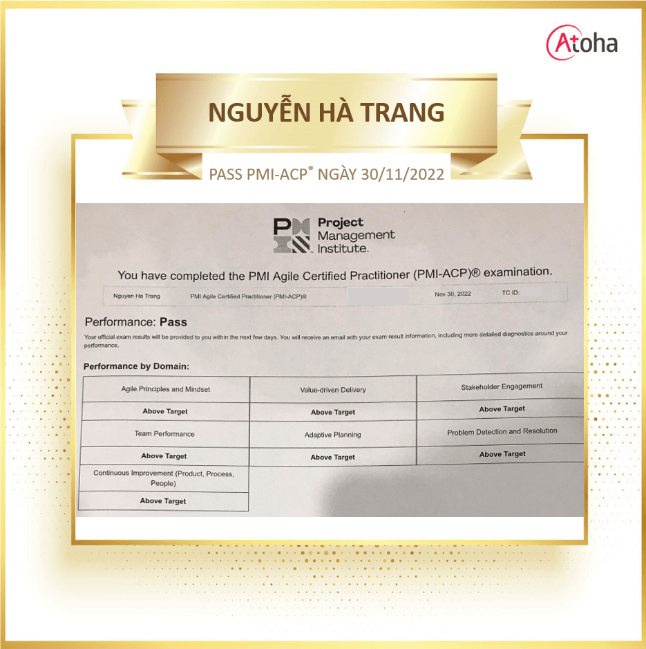 Nguyễn Hà Trang, PMI-ACPONLINEPRO13, pass PMI-ACP max score – Atoha