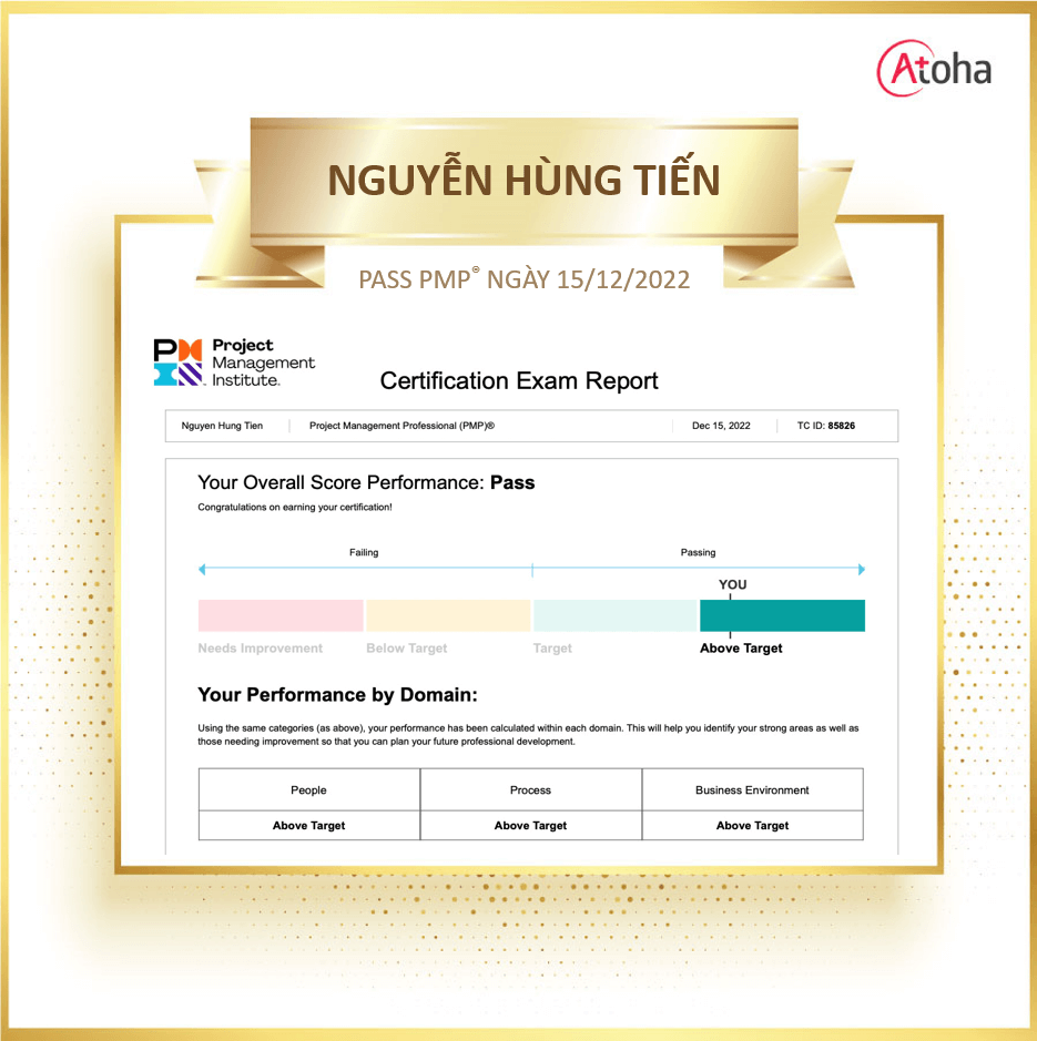 Nguyễn Hùng Tiến, FastTrackPMP, pass PMP max score 15/12/2022 – Atoha