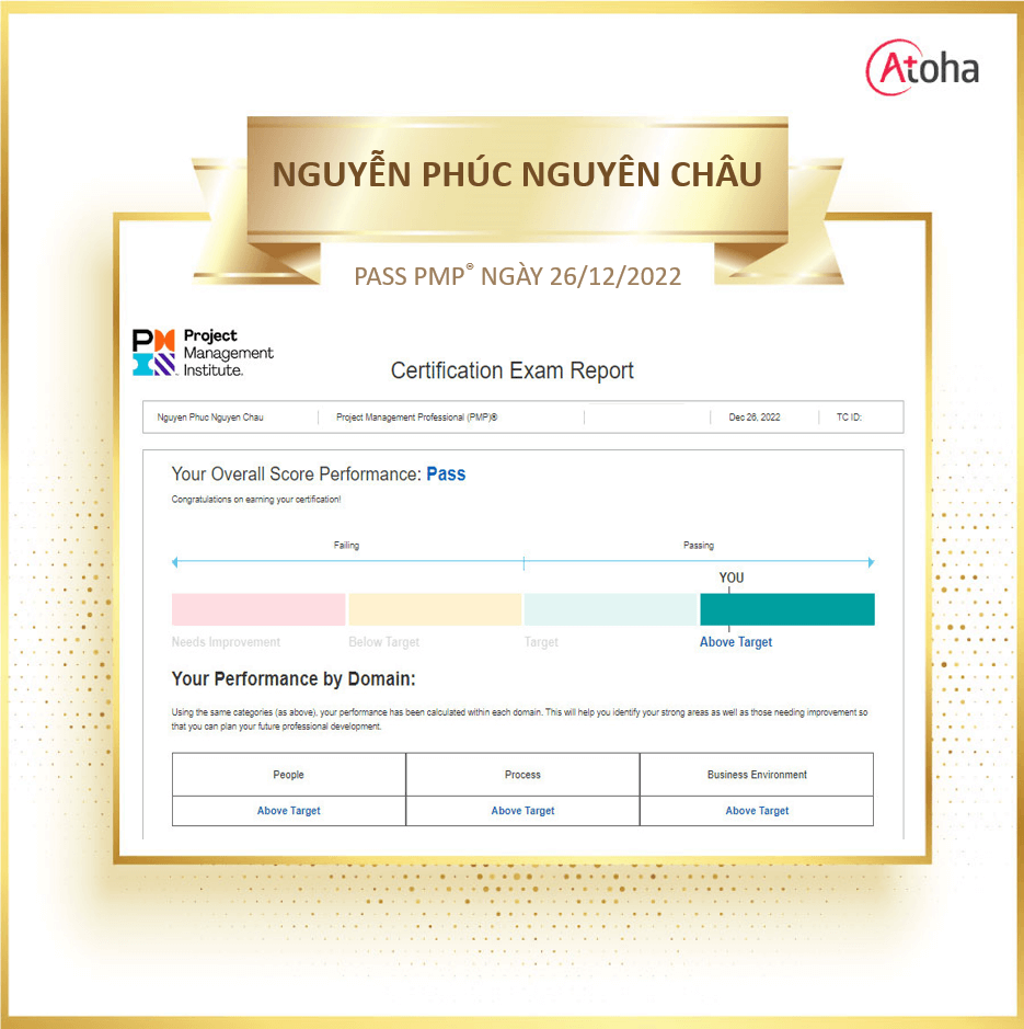 Nguyễn Phúc Nguyên Châu pass PMP max score ngày 26/12/2022 – Atoha