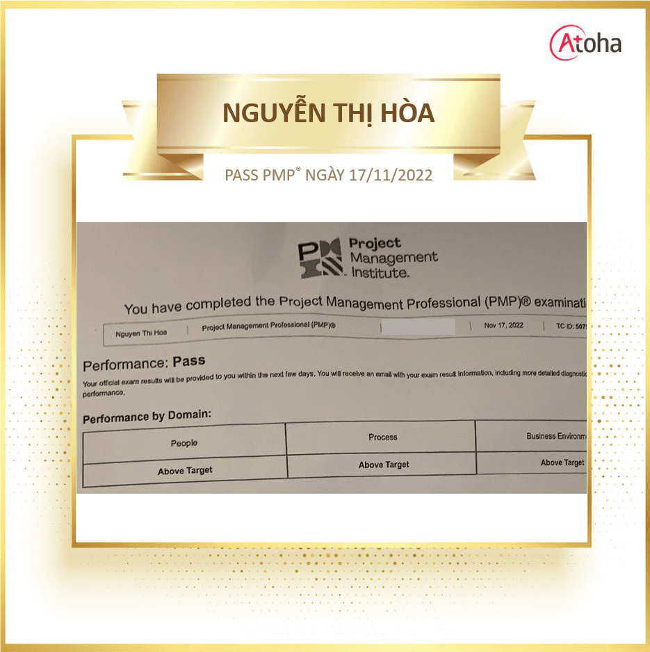 Nguyễn Thị Hoà, PMPPROHN14, pass PMP max score ngày 17/11/2022 – Atoha