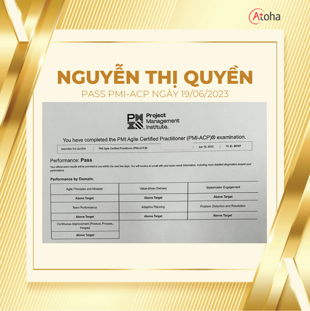 Nguyễn Thị Quyền, PMI-ACPONLINEPRO18, pass PMI-ACP max score – Atoha