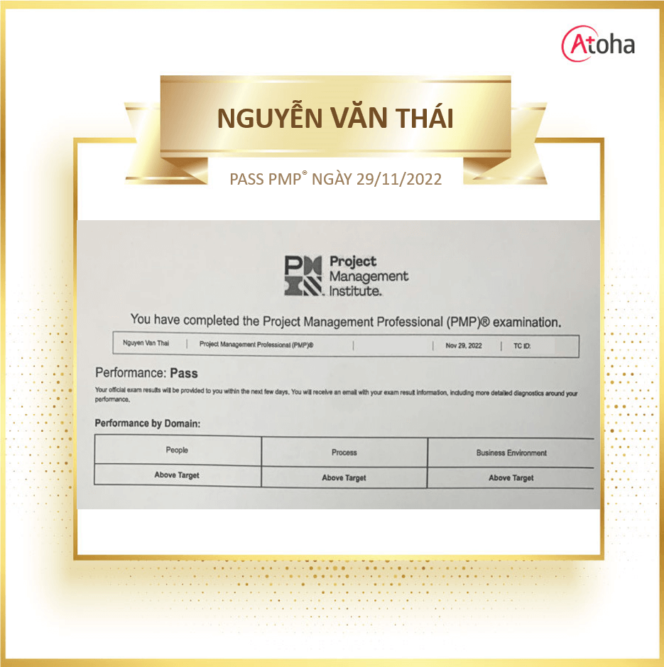 Nguyễn Văn Thái, PMPPROHN14, pass PMP max score ngày 29/11/2022 – Atoha