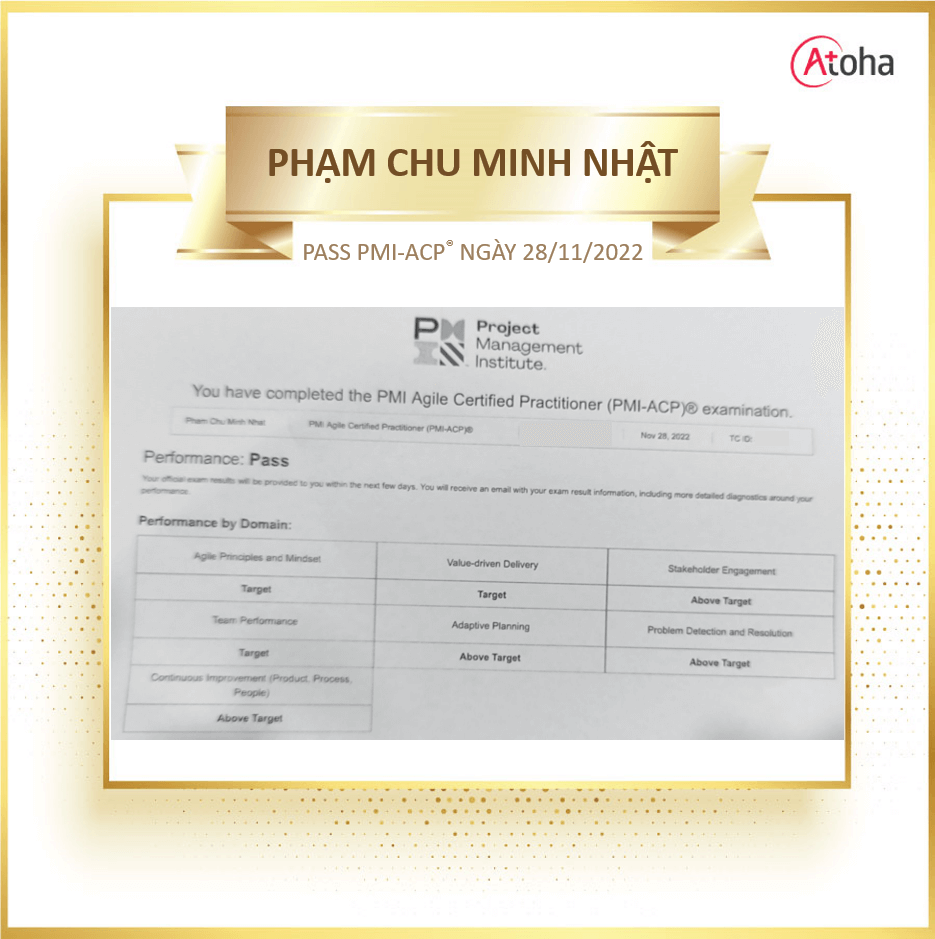 Phạm Chu Minh Nhật, PMI-ACPONLINEPRO13, pass PMI-ACP 28/11/2022 – Atoha