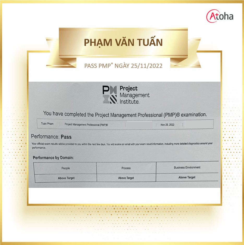 Phạm Văn Tuấn, PMPPRO12, pass PMP max score ngày 25/11/2022 – Atoha