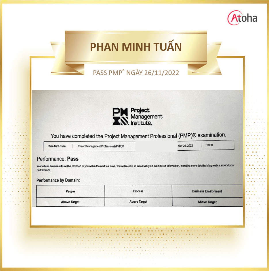 Phan Minh Tuấn, PMPPRO19, pass PMP max score ngày 26/11/2022 – Atoha