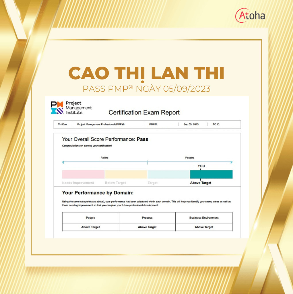 Cao Thị Lan Thi, PMPPRO25, pass PMP® max score ngày 05/09/2023 – Atoha