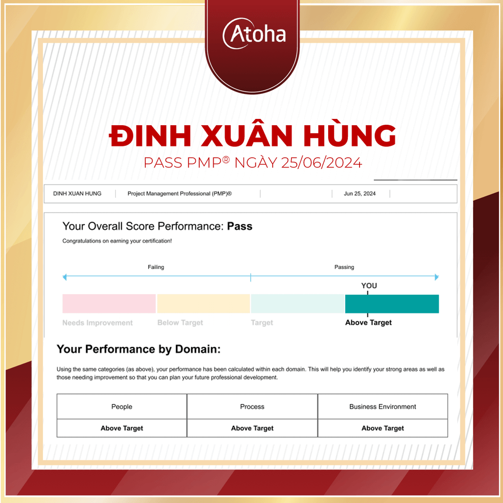 Đinh Xuân Hùng, PMPPROHN29, pass PMP max score ngày 25/06/2024 – Atoha