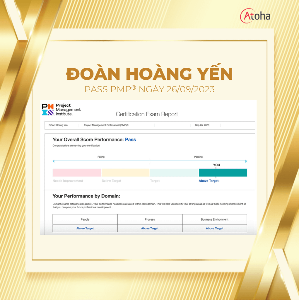 Đoàn Hoàng Yến, PMPPROHN16, pass PMP max score ngày 26/09/2023 – Atoha