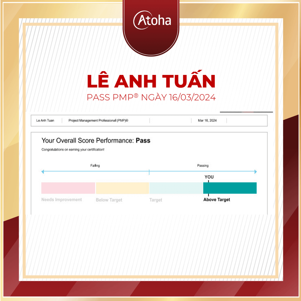 Lê Anh Tuấn, PMPONLINEPRO32, pass PMP® ngày 16/03/2024 – Atoha