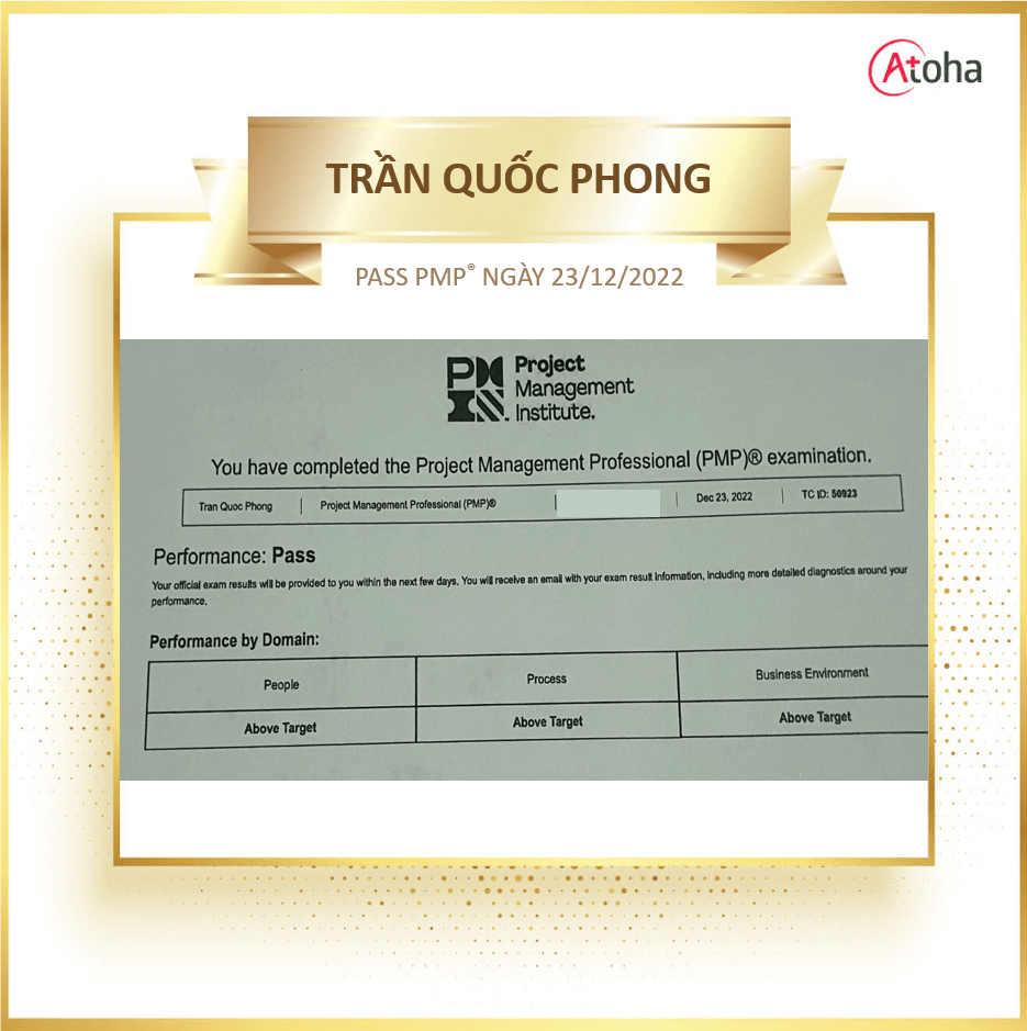 Trần Quốc Phong, PMPONLINEPRO19, pass PMP max score ngày 23/12 – Atoha