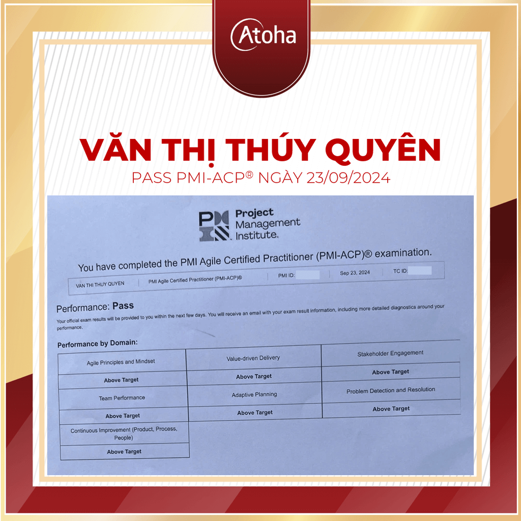 Văn Thị Thúy Quyên, PMI-ACPONLINEPRO26, pass PMI-ACP max score – Atoha