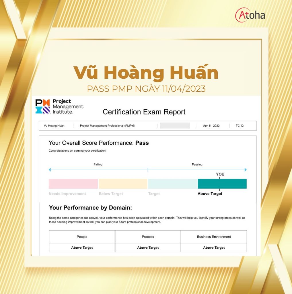 Vũ Hoàng Huấn, PMPONLINEPRO22, pass PMP max score ngày 11/04/2023 – Atoha