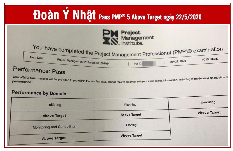 Đoàn Ý Nhật, học viên PMPPRO5, chính thức Pass PMP 5 Above Target ngày ...