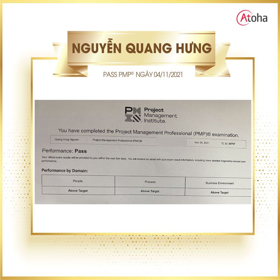 NGUYỄN QUANG HƯNG, PMPPROHN7, PASS PMP MAX SCORE, NGÀY 04/11/2021 – Atoha
