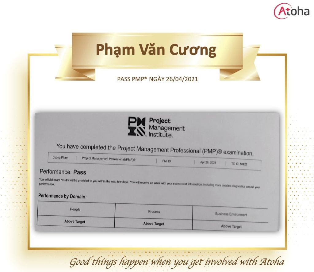 Phạm Văn Cương, PMPONLINEPRO5, pass PMP max score 26/04/2021 – Atoha