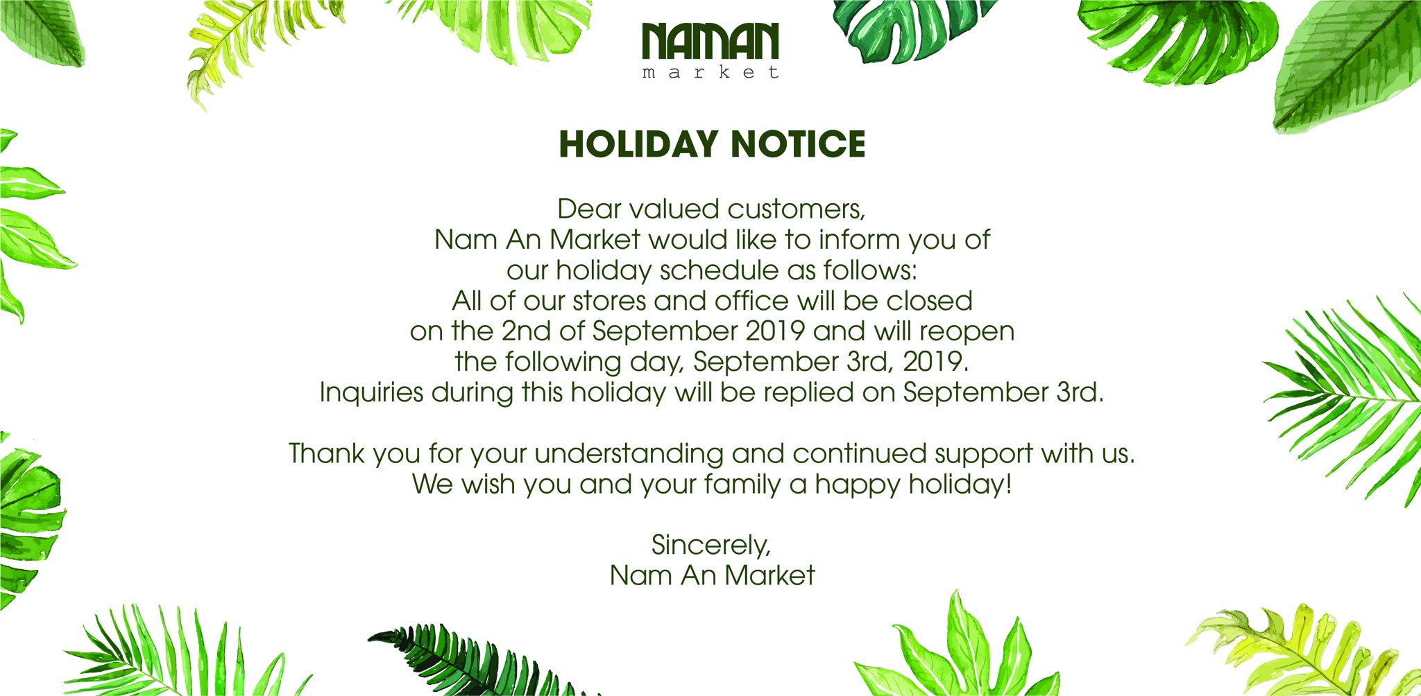 HOLIDAY NOTICE – Nam An Market