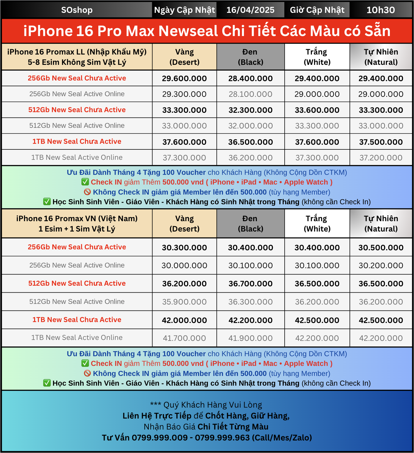 Giá iPhone 16 Pro Max Hàng Có Sẵn – SOshop