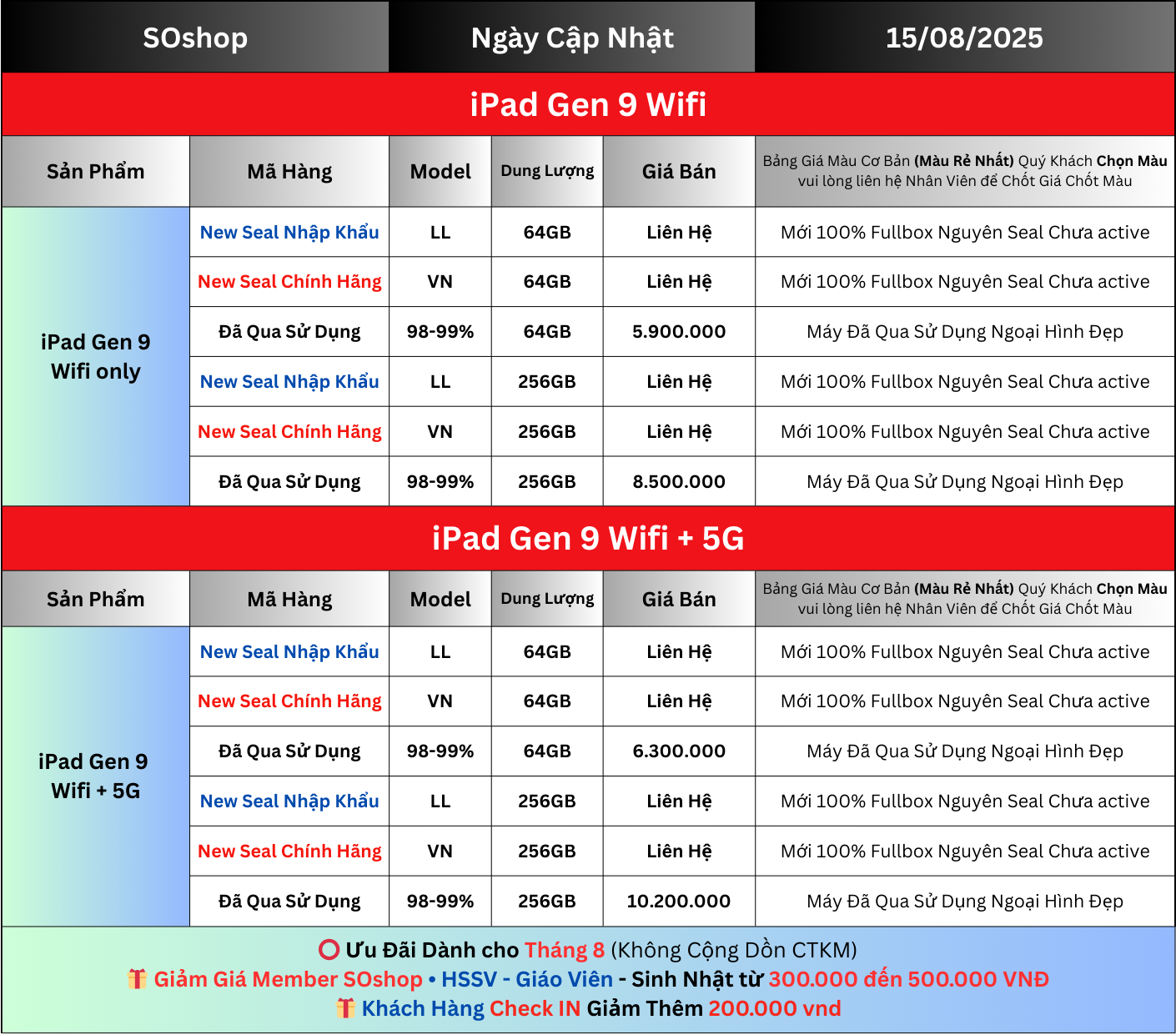 Giá iPad Gen 9 - Gen 10 – SOshop