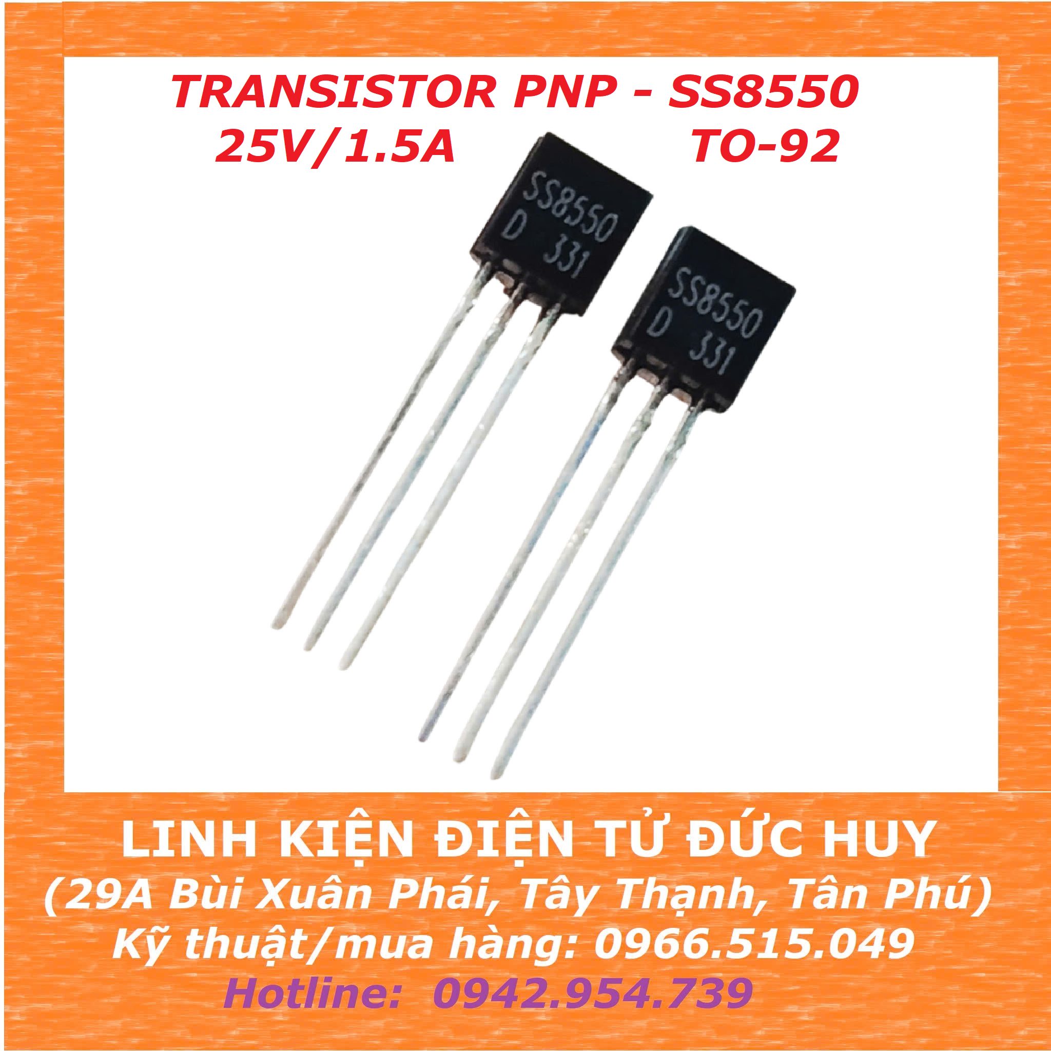 Transistor SS8550 (PNP), TO-92 – LINH KIỆN ĐIỆN TỬ ĐỨC HUY (29A BÙI XUÂN PHÁI)