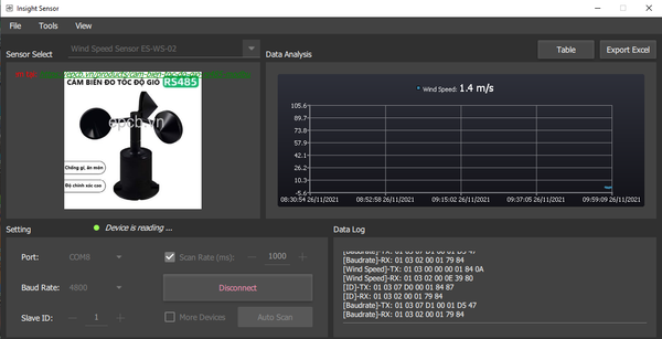 Cảm biến tốc độ gió RS485 Modbus RTU ES-WS-02 ( Wind Speed Sensor)