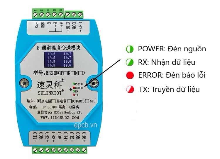 Module đọc nhiệt độ PT100 8 kênh ngõ ra RS485 Modbus RTU PT100-RS20P