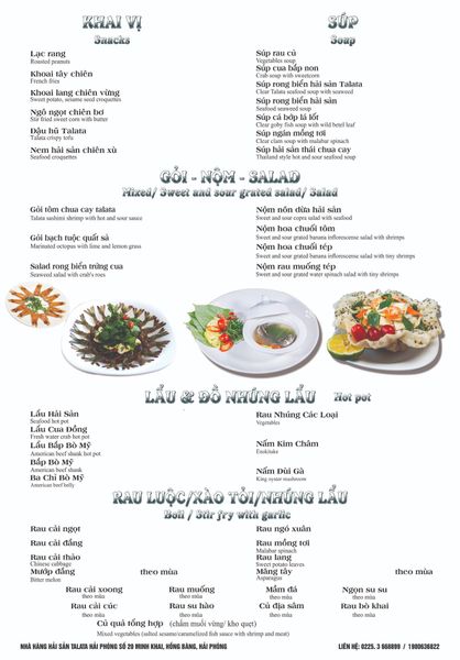 Thực đơn tham khảo – Talata Seafood Restaurant