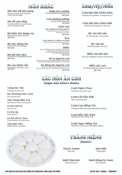 Thực đơn tham khảo – Talata Seafood Restaurant