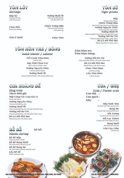 Thực đơn tham khảo – Talata Seafood Restaurant