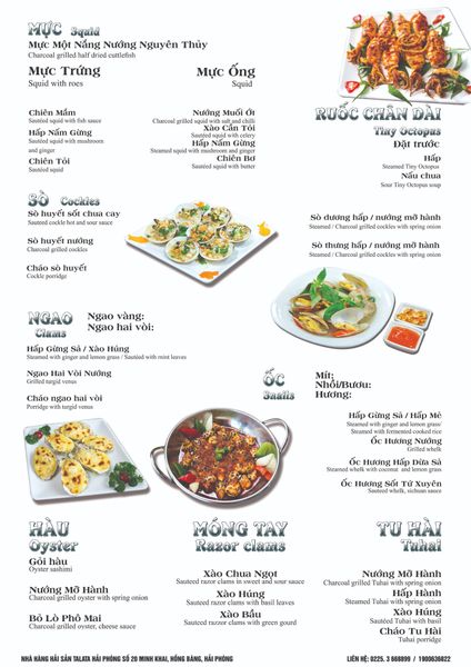 Thực đơn tham khảo – Talata Seafood Restaurant