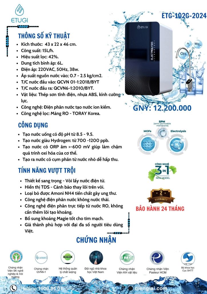 Máy Lọc Nước Ion Kiềm Etugi 3 in 1 – ETG 102G (Để Gầm Bếp) - Máy Lọc Nước Phương Nam