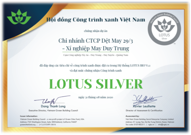 DUY TRUNG GARMENT FACTORY WAS AWARDED LOTUS SILVER CERTIFICATION – CÔNG ...