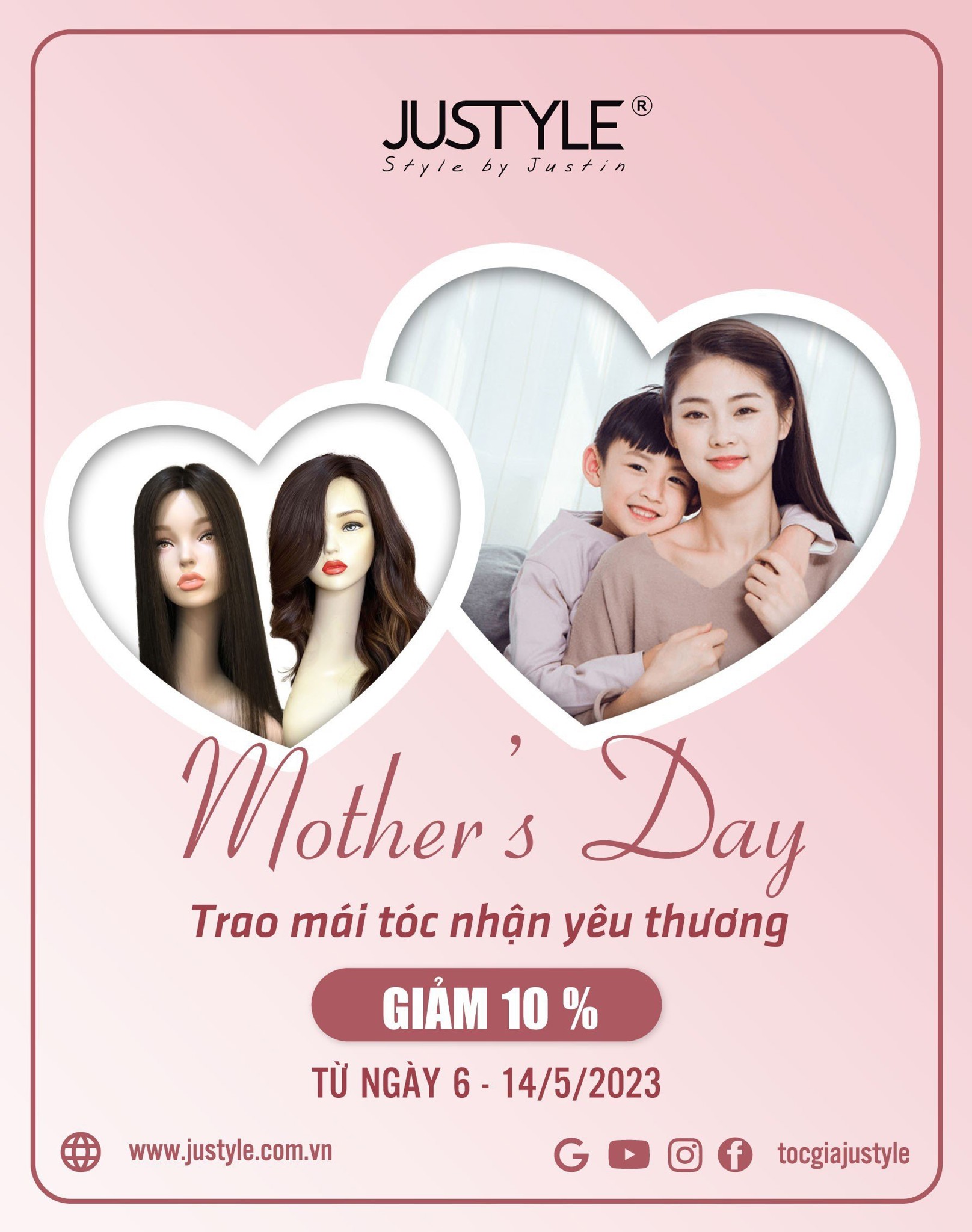 JUSTYLE | 10% Discount For Mother’s Day 2023 – Tóc Giả JUSTYLE