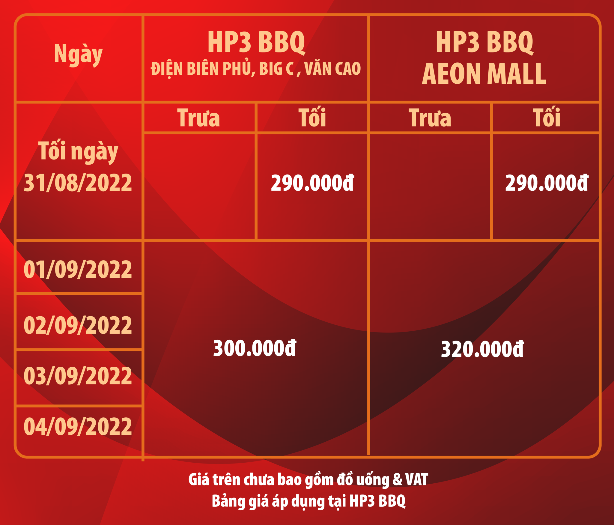 HP3 BBQ - CẬP NHẬT GIÁ NGÀY LỄ 2/9/2022