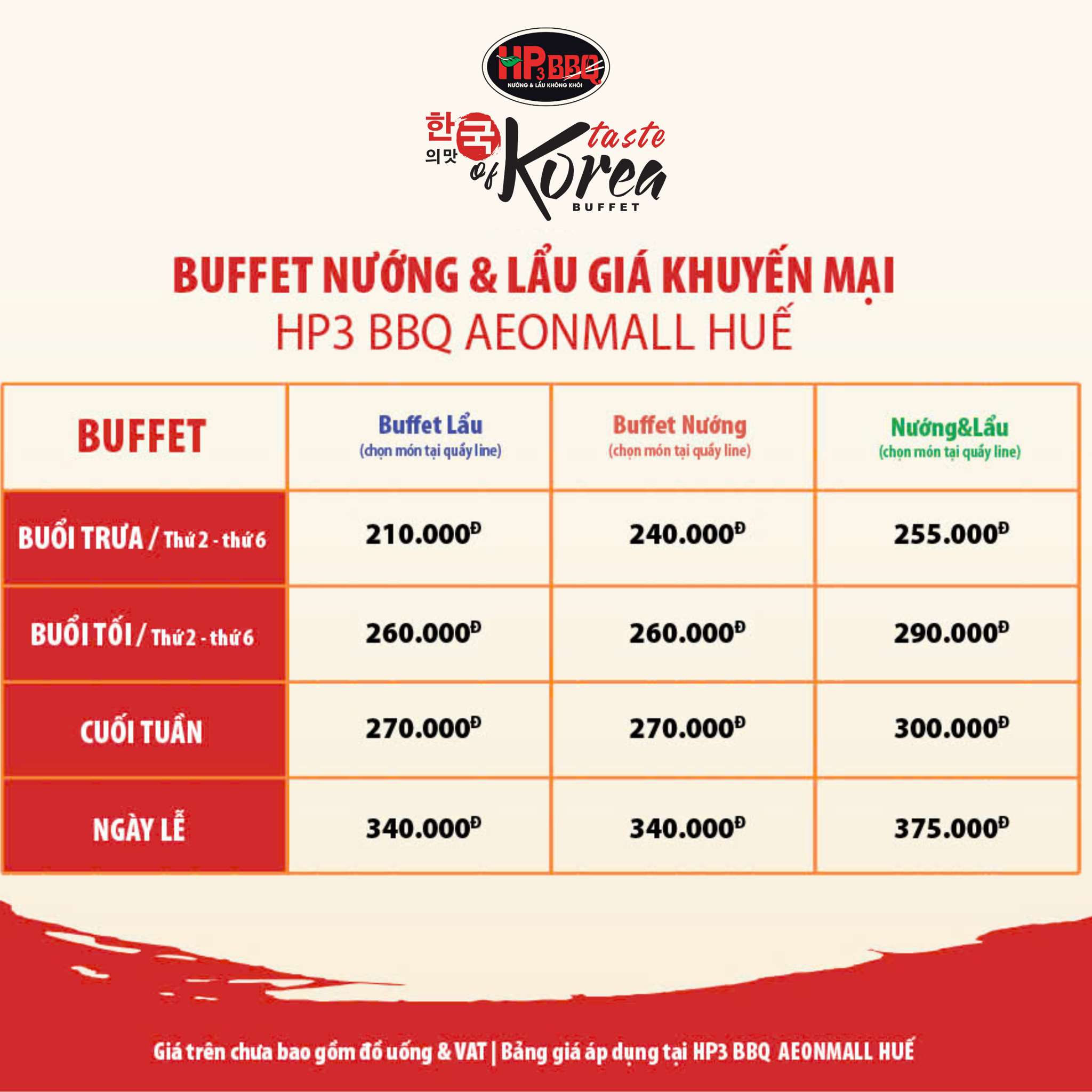 BẢNG GIÁ ÁP DỤNG TẠI CƠ SỞ AEON MALL HUẾ – HP3 BBQ