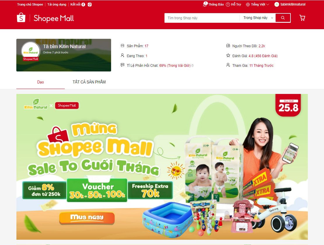 Kitin Natural chính thức gia nhập gian hàng Shopee Mall – Tã bỉm Kitin Natural