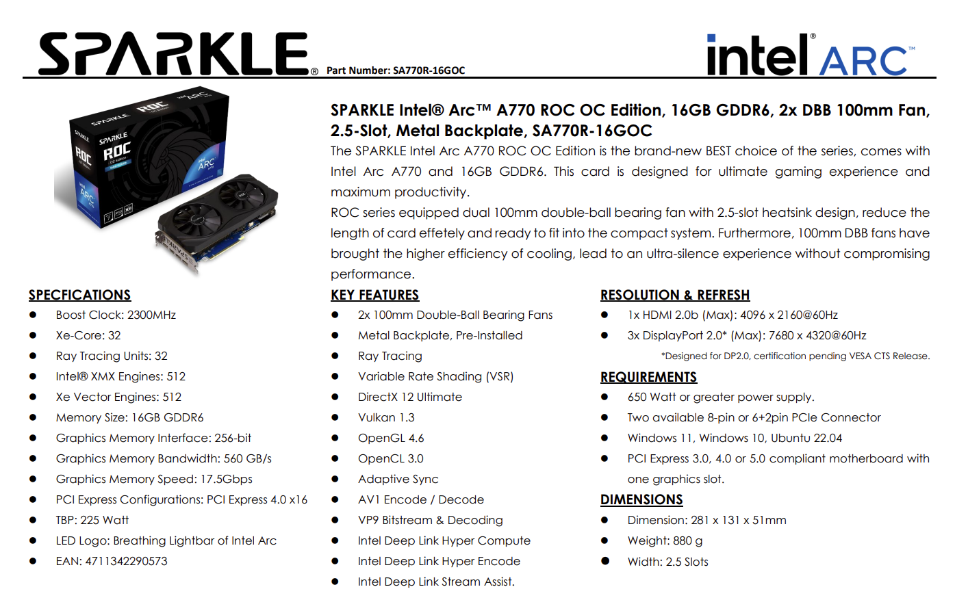 Card màn hình VGA Sparkle Intel ARC A770 ROC OC Edition 16GB DDR6 Blac ...