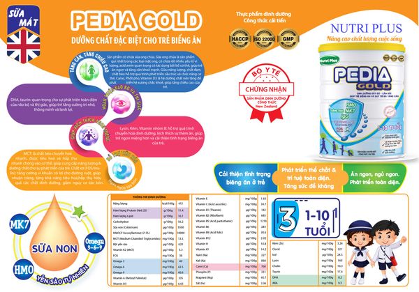 Sữa bột dinh dưỡng PEDIA GOLD giúp bé ăn ngon, ngủ ngon, phát triển nã ...