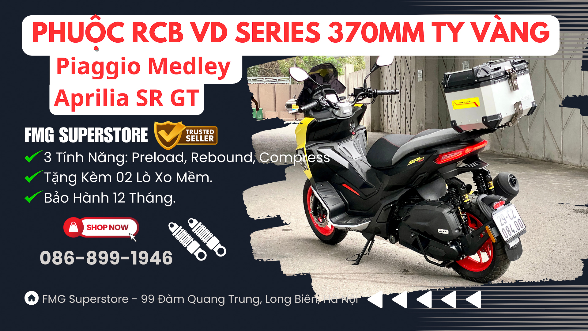 Cận Cảnh Phuộc Sau RCB VD Series 370mm Ty Vàng trên Aprilia SR GT ...