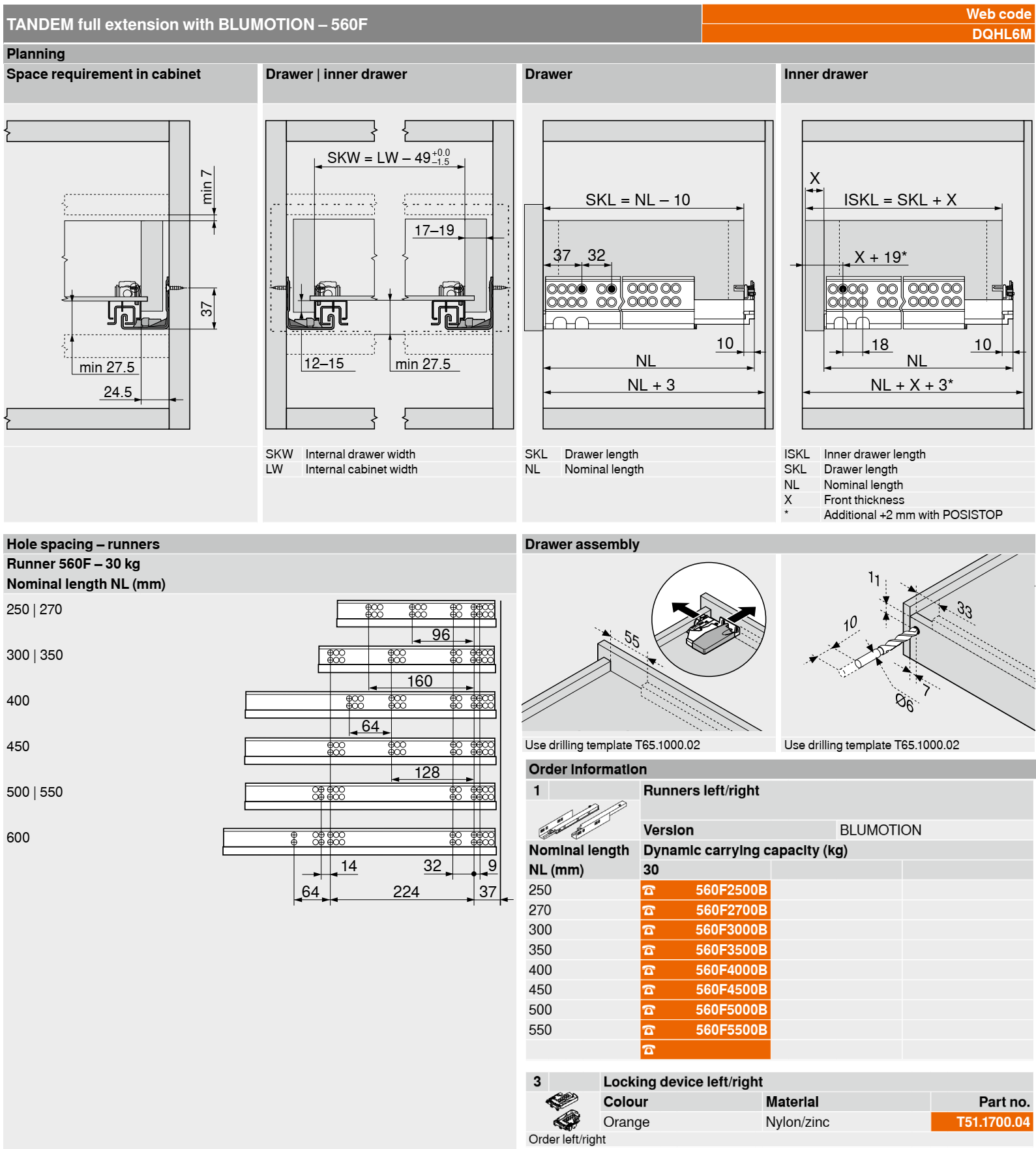 Ray âm giảm chấn Blum TANDEM mở toàn phần 250mm 560F2500B 3802095